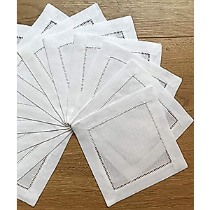White Linen Cocktail Napkin 6"x6" Set of 50 Linen Cloth Napkin Coasters-Ladder Hemstitch 100% Linen Beverage Party Napkin Coaster Super Value Bulk 50 Pack