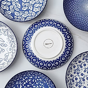 Selamica Porcelain 26 Ounce Pasta Bowls Set of 6, 8 inch Wide and Shallow Salad Bowls, Serving Bowls, Microwave & Dishwasher Safe, Sturdy & Stackable, Vintage Blue