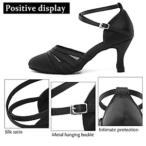DKZSYIM Women's Satin Latin Dance Shoes Close Toe Ballroom Performance Dancing Shoes,YCL189-Black-7.5,US 9