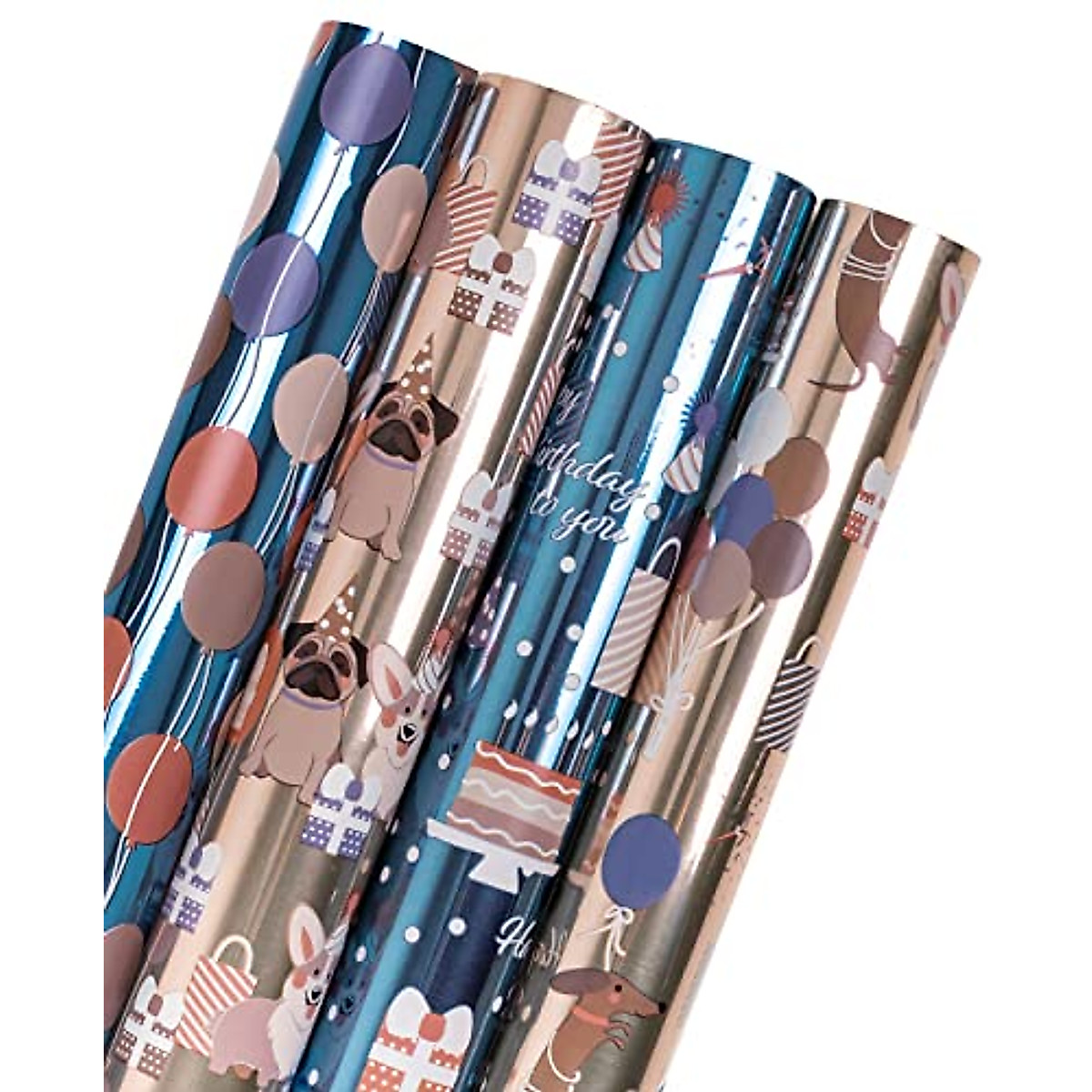 WRAPAHOLIC Birthday Wrapping Paper Roll - Adorable Dogs and Colorful Balloons with Metallic Foil Shine - 4 Rolls - 30 Inch X 120 Inch Per Roll