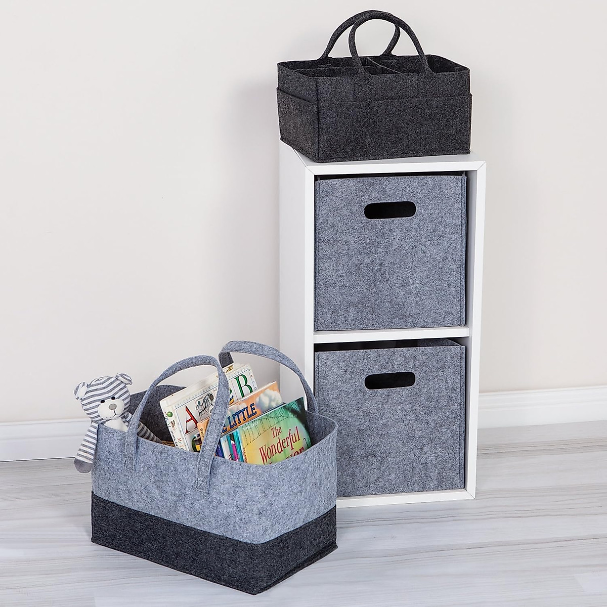 Sammy & Lou Collapsible Charcoal Gray Felt Storage Caddy, Divided Design To Keep Diapers, Wipes And Changing Items Organized, Two Handles, 11.5 in x 6 in x 8 in