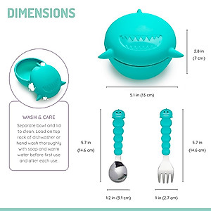 melii Silicone Bowl with Lid & Utensils – spoon and fork for Baby, Toddlers and Kids, BPA Free, Dishwasher & Microwave Safe (Shark)