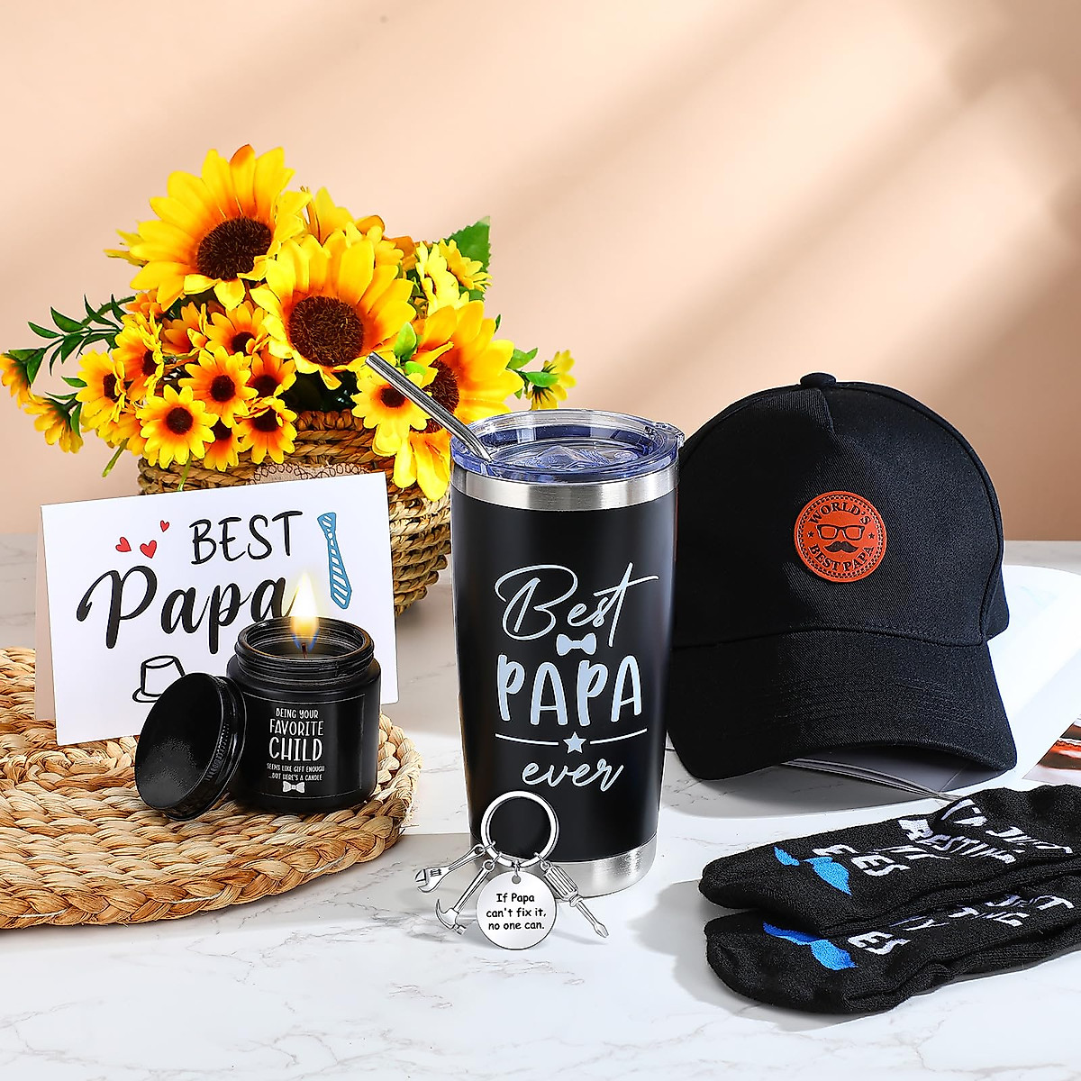 VitalCozy 9 Pcs Papa Gifts for Christmas Grandpa Birthday Gifts from Grandkids Daughter Include Pillow Cover Tumbler Spoon Keychain Socks Hat Card Scented Candle Gift Box for Dad Papa Thank You Gifts
