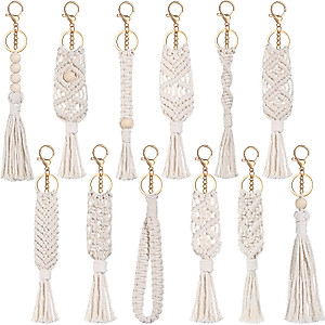 Junkin Macrame Boho Keychains Bulk Handcrafted Aesthetic Key Chain with Tassel for Women Car Key Purse Wallet Beige (12 Pieces)