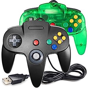 2 Pack Classic N64 Controller, miadore N64 Wired USB PC Game pad Joystick, N64 Bit USB Wired Game Stick Joy pad Controller for Windows PC MAC Linux Raspberry Pi 3 Sega Genesis (Clear Green/Black)