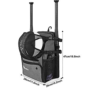 Youth Baseball Bag With Shoes Compartment and Fence Hook Holds Bat, Glove, T-Ball & Softball Equipment, Backpack for Boys and Girls (Grey)