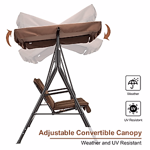 MCombo 3-Person Outdoor Patio Swing Chair, Convertible Canopy Hanging Swing Glider Lounge Chair, Removable Cushions, 4003 (Brown)