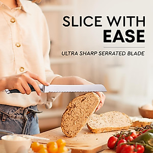 Zulay Serrated Bread Knife - Stainless Steel Bread Knife for Homemade Bread, Cake, Bagel - One Piece Bread Cutter & Slicer with Tip Safety Guard - Sharp 8-Inch Blade & 5-Inch Handle (Black)