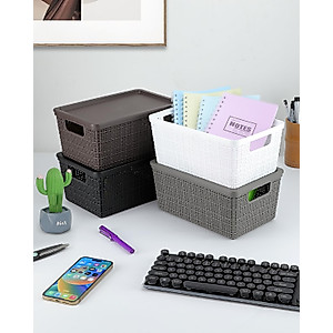 EOENVIVS Plastic Storage Baskets with Lids Kitchen Organizers and Storage Containers Organizer Bins Small Baskets for Shelves Drawers Desktop Closet Playroom Classroom Office, Brown, 6 Pack