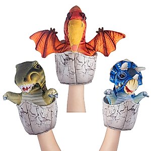 My OLi 9.5”Plush Dinosaur Hand Puppet Bundle 3 Pack of Stuffed Dinosaur with Egg for Creative Role Play Gift for Kids Toddlers Birthday Party Favor Supplies,Imaginative Play