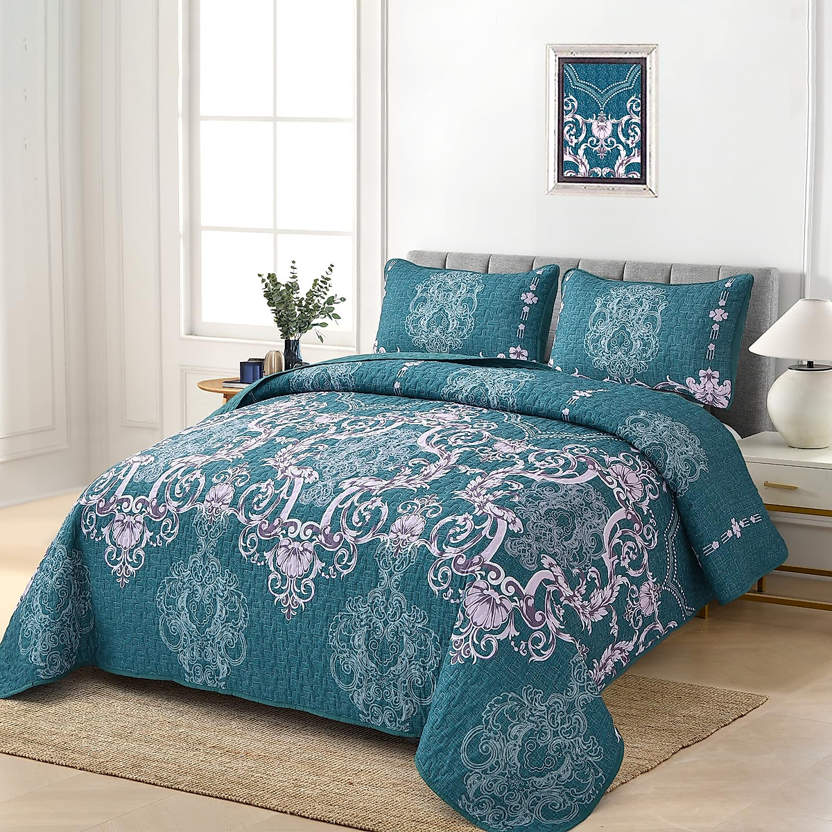 Dobuyly Teal Quilt Set Queen Size, 3 Pieces Boho Damask Green Bedspread Coverlet Set with 2 Pillowcases, Soft Lightweight Microfiber Luxury Quilt Bedding Set for All Season 96"x90"