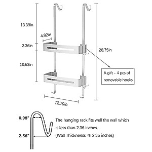 TZAMLI Hanging Shower Caddy Over The Door Shower Organizer, Aluminum Shower Shelf Bathroom Storage Rack with Hook and Basket (Silver-Silver, 2-Tier)