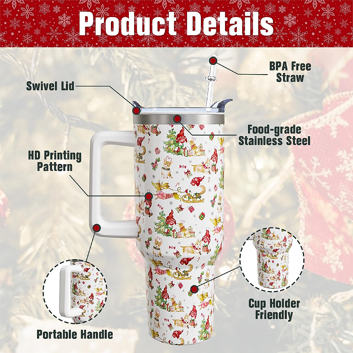 owbgsdh 40 oz Christmas Tumblers with Handle and Straw, Gnome Corgi 40oz Stainless Steel Vacuum Insulated Travel Coffee Mug Cup Water Bottle, Christmas Decor Stuff Accessories Gifts for Women