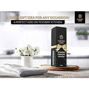 Earthy Chef wooden utensils for cooking - Premium teak kitchen utensil set - Incl. utensil holder and hanging hooks - 9-piece cooking spoon set - Non scratch & Food-grade material