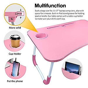 KPX Portable Laptop Bed Table, Fordable Lap Desk with Cup Slot & Notebook Stand Breakfast Bed Trays for Eating and Laptops Book Holder Lap Desk for Floor,Couch, Sofa, Bed, Terrace, Balcony (Pink)