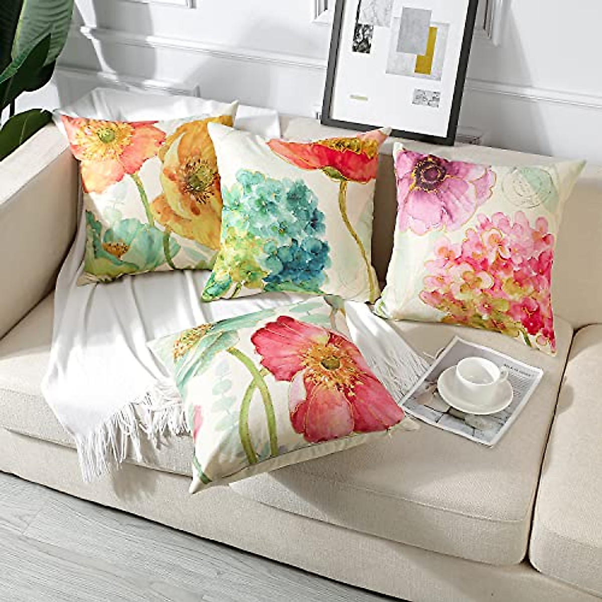 Artscope Set of 4 Waterproof Throw Pillow Covers 18x18 Inches, Hydrangea and Lotus Pattern Decorative Cushion Covers, Perfect to Outdoor Patio Garden Living Room Sofa Farmhouse Decor