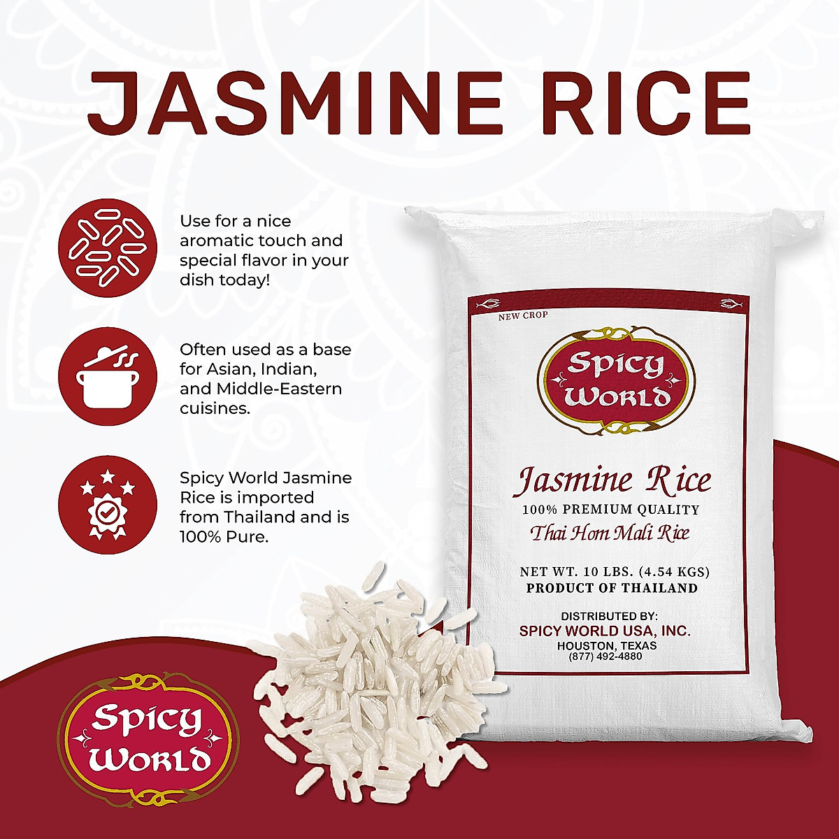 Spicy World Jasmine Rice 10 Pound Bag - Thai Hom Mali Premium Variety ~ By Spicy World