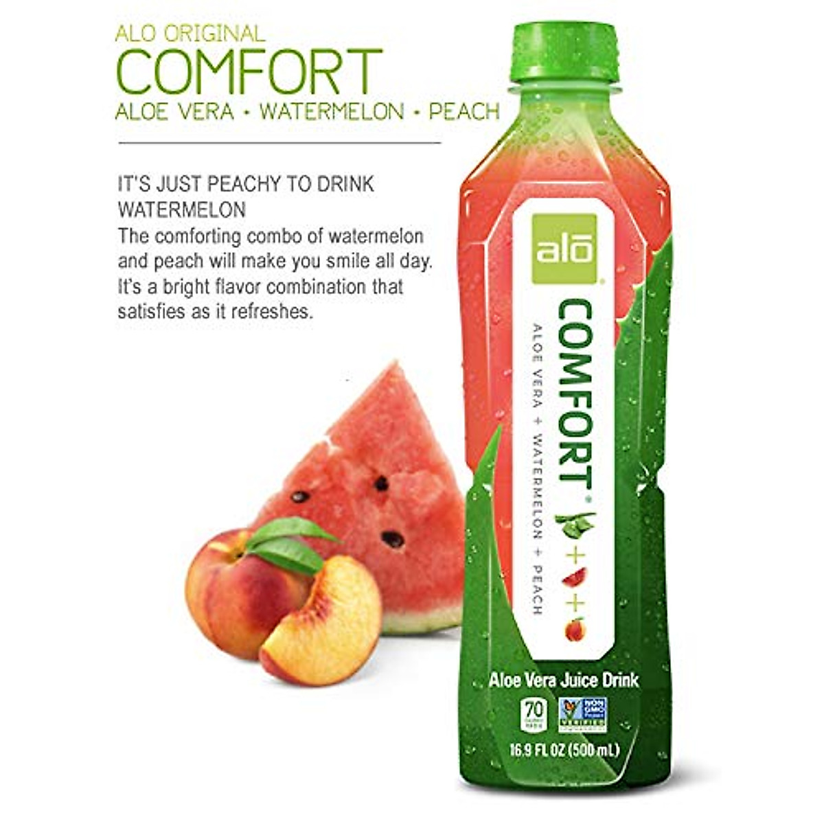 ALO Aloe Vera Juice Drink | COMFORT - Watermelon + Peach | 16.9 fl oz, Pack of 12 |Plant-Based Drink with Real Aloe Pulp