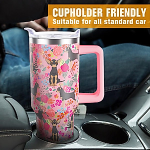 owbgsdh Chihuahua Gifts for Women Dog Lovers 40 oz Floral Chihuahua Tumblers with Handle and Straw, Stainless Steel Vacuum Insulated Travel Coffee Mug Cup Water Bottle