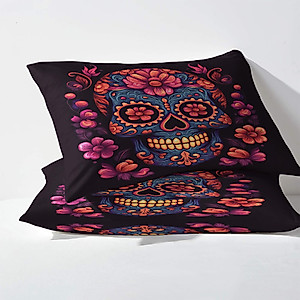 Sugar Skull Sheets Twin Size, Day of The Dead Bed Sheets, Patterned Bedding Sheets & Pillowcases 3 Piece Set - Soft Microfiber Deep Pocket Fitted Sheet & Flat Sheet & Pillow Case Z3-&-160