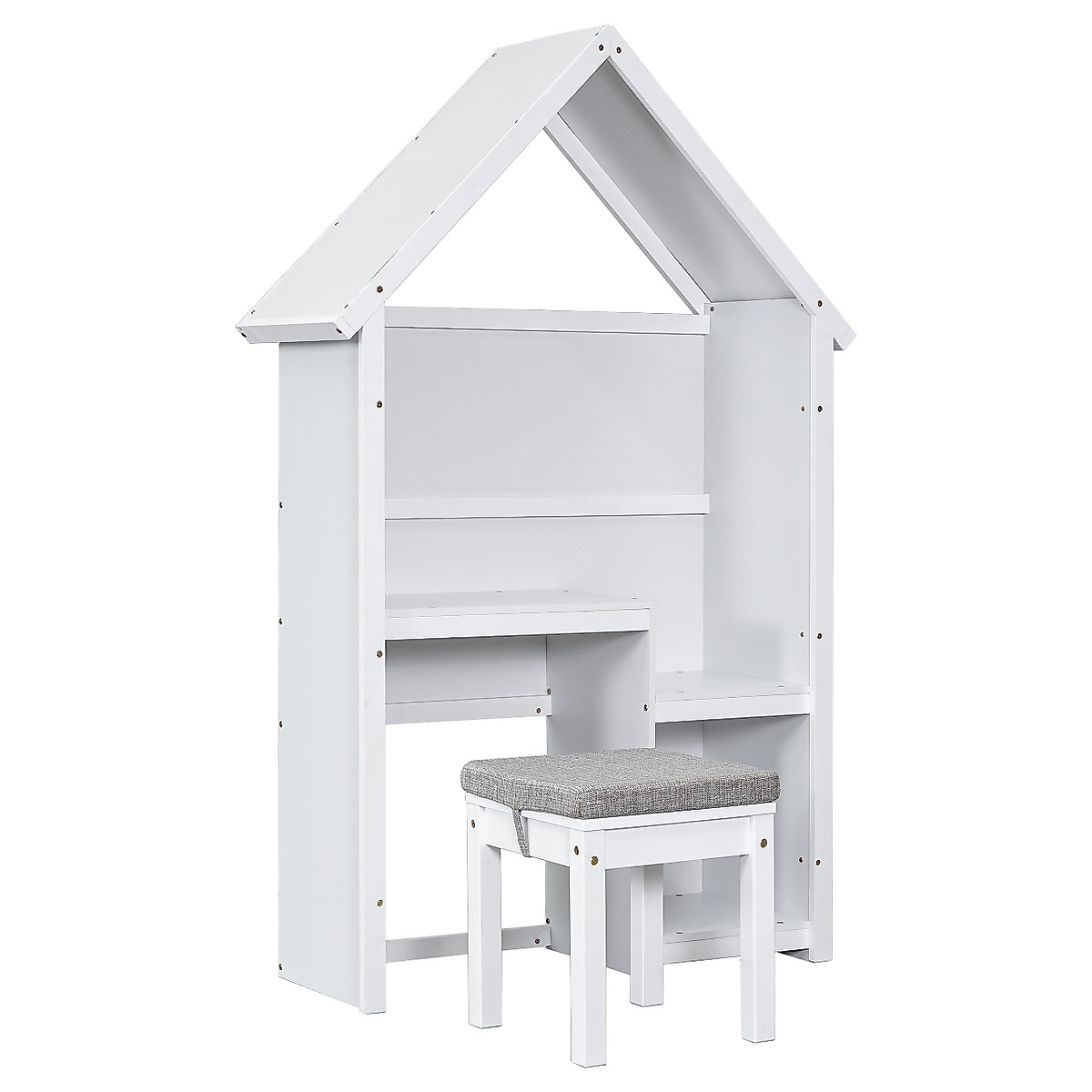 Bellemave Kids Desk and Chair Set Wood Study Desk with Storage and Cushion Stool House Shaped Art Table for Girls Boys Children, White