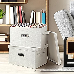 Bellzacasa Collapsible Storage Bins with Lids, 2 Pack Linen Fabric Foldable Storage Bin Cube with Handles, Toy Storage Baskets Box Closet Organizers and Storage Containers, Beige, 14.6x10.5x8.5