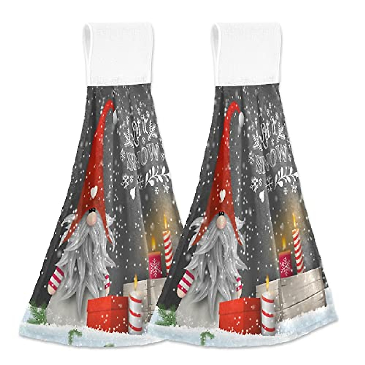 Exnundod Winter Gnome Kitchen Towels Set of 2 Let It Snow Hand Towel with Hanging Loop Soft Absorbent Fingertip Tie Towel Dishcloth for Bathroom Washroom