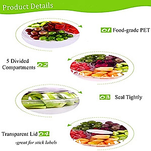 Lyellfe 30 Pack Plastic Appetizer Tray with Lid, Disposable Veggie Fruit Snack Tray with 5 Compartment, 9.5 Inch Heavy Duty Clear Round Food Container Platter for Salad, Nut, Olive, Party