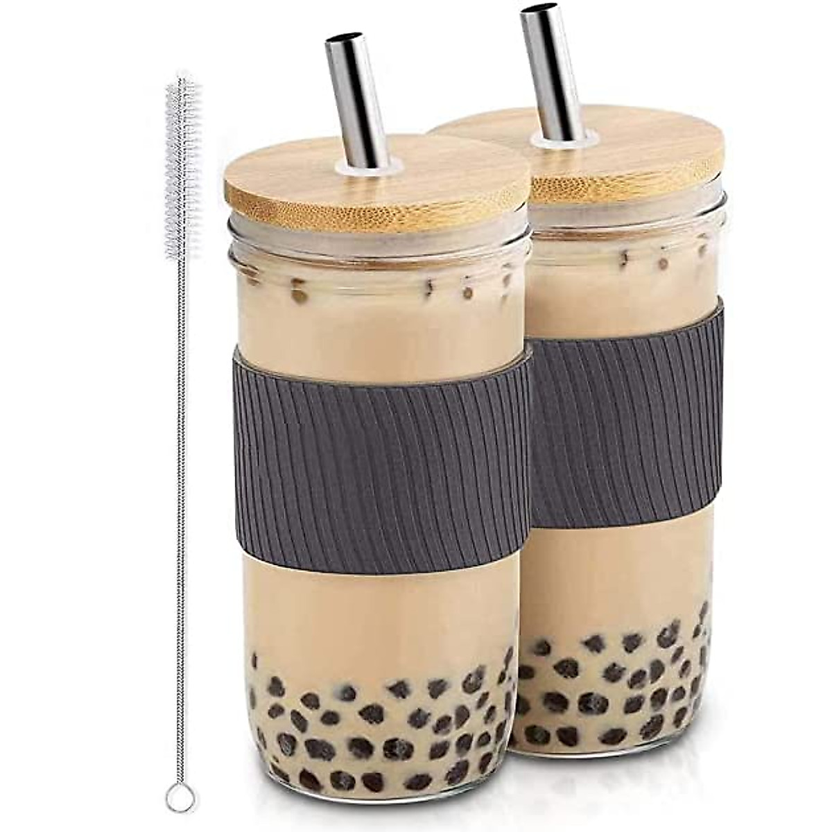 Melissa & Grace [2 Pack] 24oz Glass Cups with Airtight Bamboo Lids, Silicone Sleeve, Wide Mouth Metal Straw Cleaners - Fashionable Reusable Boba for Iced Coffee/Tea, Travel Drinks 2.9x7.8 (MG2022001)