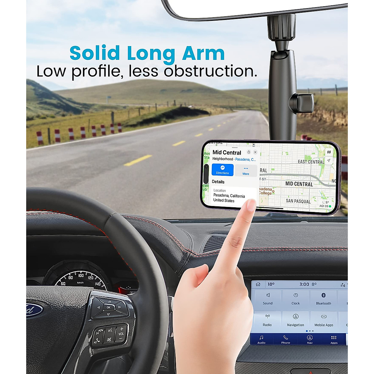 APPS2Car Magnetic Phone Car Mount Rear View Mirror Phone Holder for Car Long Arm Low Profile Strong Magnets Adjustable Angles & Heights for All Cell Phones, iPhone Fits 16-22mm Round Mirror Neck