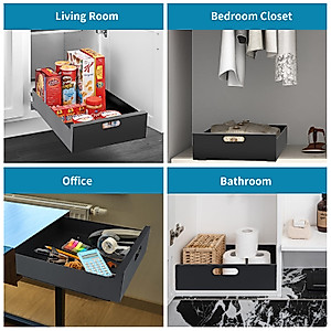 Sanbege Pull Out Cabinet Organizer Self Adhesive, Heavy Duty Metal Sliding Drawer, 16.9" D x 11.8" W x 3.7" H Slide Out Pantry Shelf for Kitchen, Bathroom, Bedroom, Living Room, Garage, Office (Black)