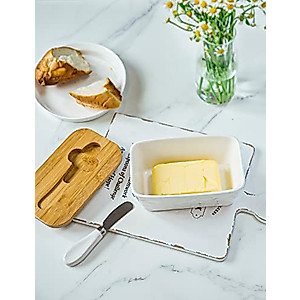 Large Butter Dish with Lid for Countertop Porcelain Butter Container with Knife Double Silicone Seal Butter Dishes with Covers Perfect for West or East Coast Butter, Unique Stone Pattern White