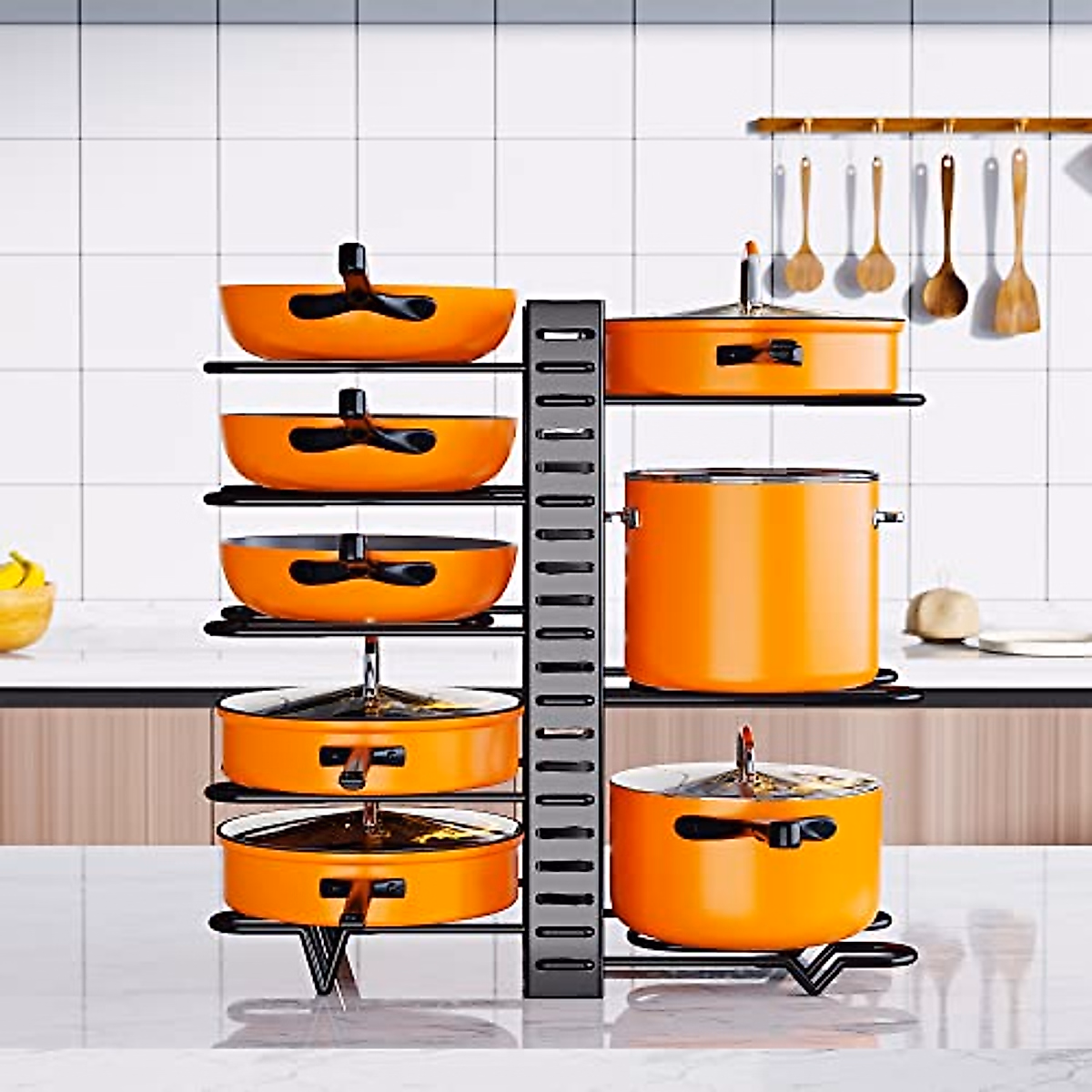 ZHOHO TANT Pots and Pans Organizer for Cabinet Upgraded Pots and Pans Organizer Rack for Kitchen Storage Larger Size Pot Lids Organizer rack with 8 Tiers & 3 DIY Methods(Black)