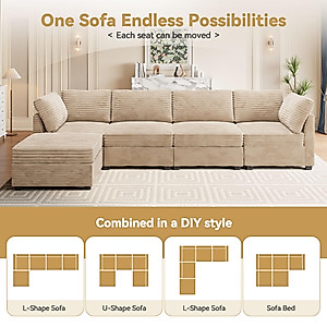 CAODOC Modular Sectional Sofa with Chaise U Shaped Sectional Couch for Living Room, 8-Seater Comfy Cloud Couches with One Movable Ottoman, Plush Corduroy, Beige