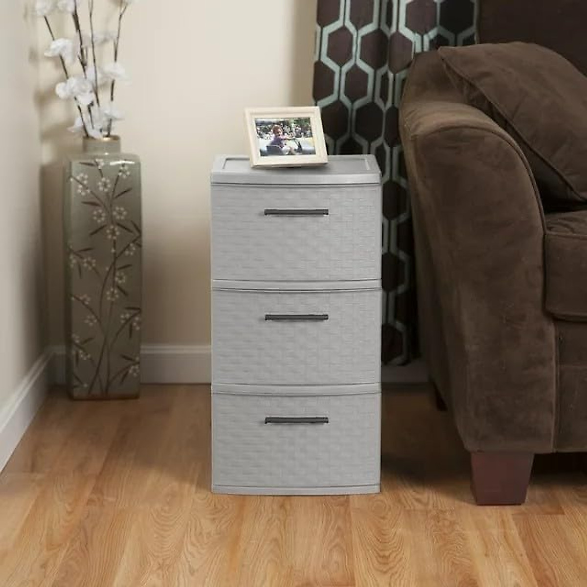 3 Drawer Weave Storage Tower Set of 2, Plastic Decorative Drawers to Organize Clothes in Bedroom with Gray Drawers