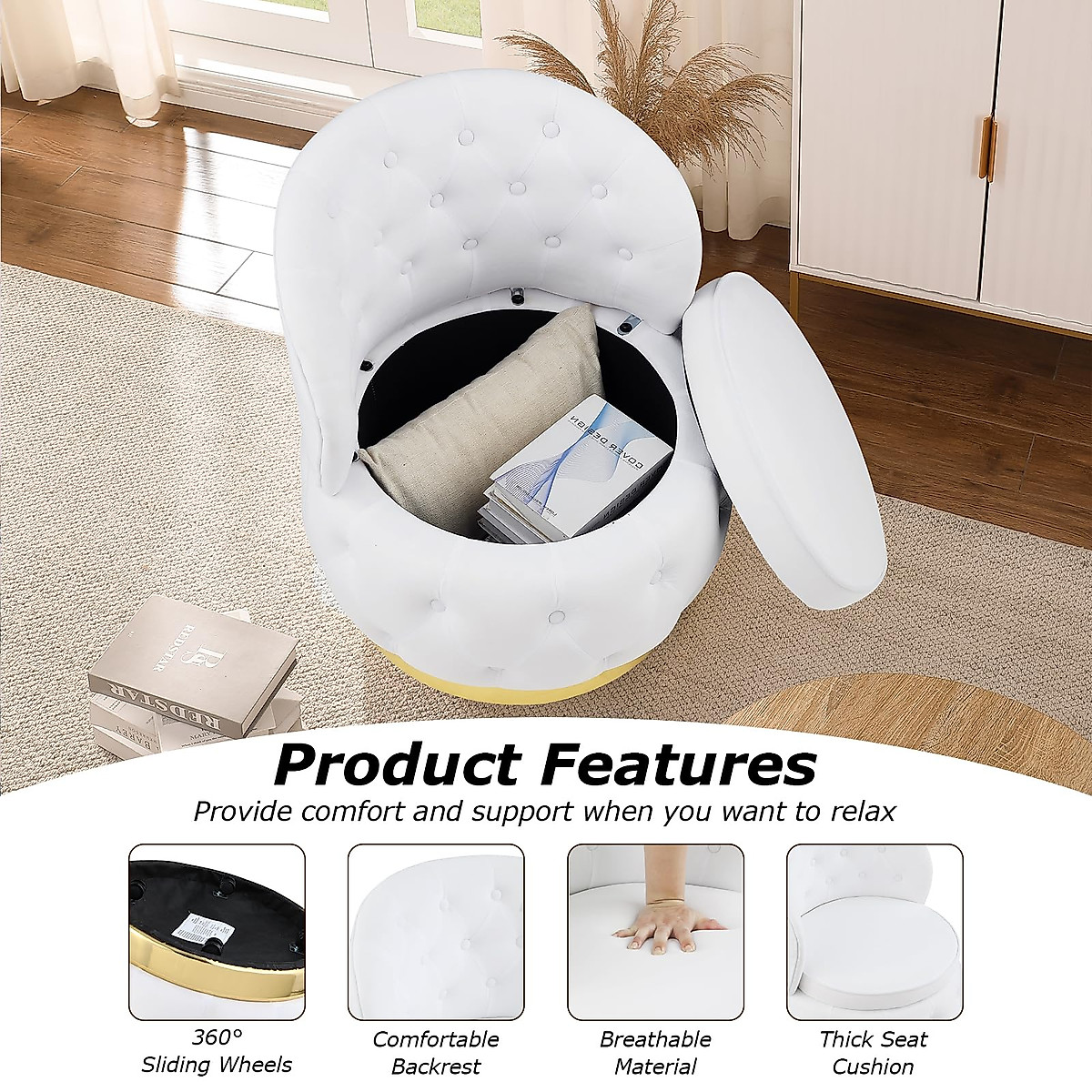 Accent Chair Barrel Chair with Storage Function Round Armchair Small Accent Chair Comfy Tufted Button Cushion for Living Room Bedroom Office (White)