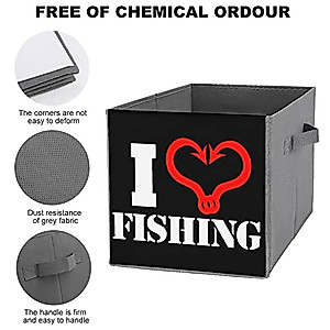 I Love Fishing Hook Foldable Storage Bins Printd Fabric Cube Baskets Boxes with Handles for Clothes Toys, 11x11x11