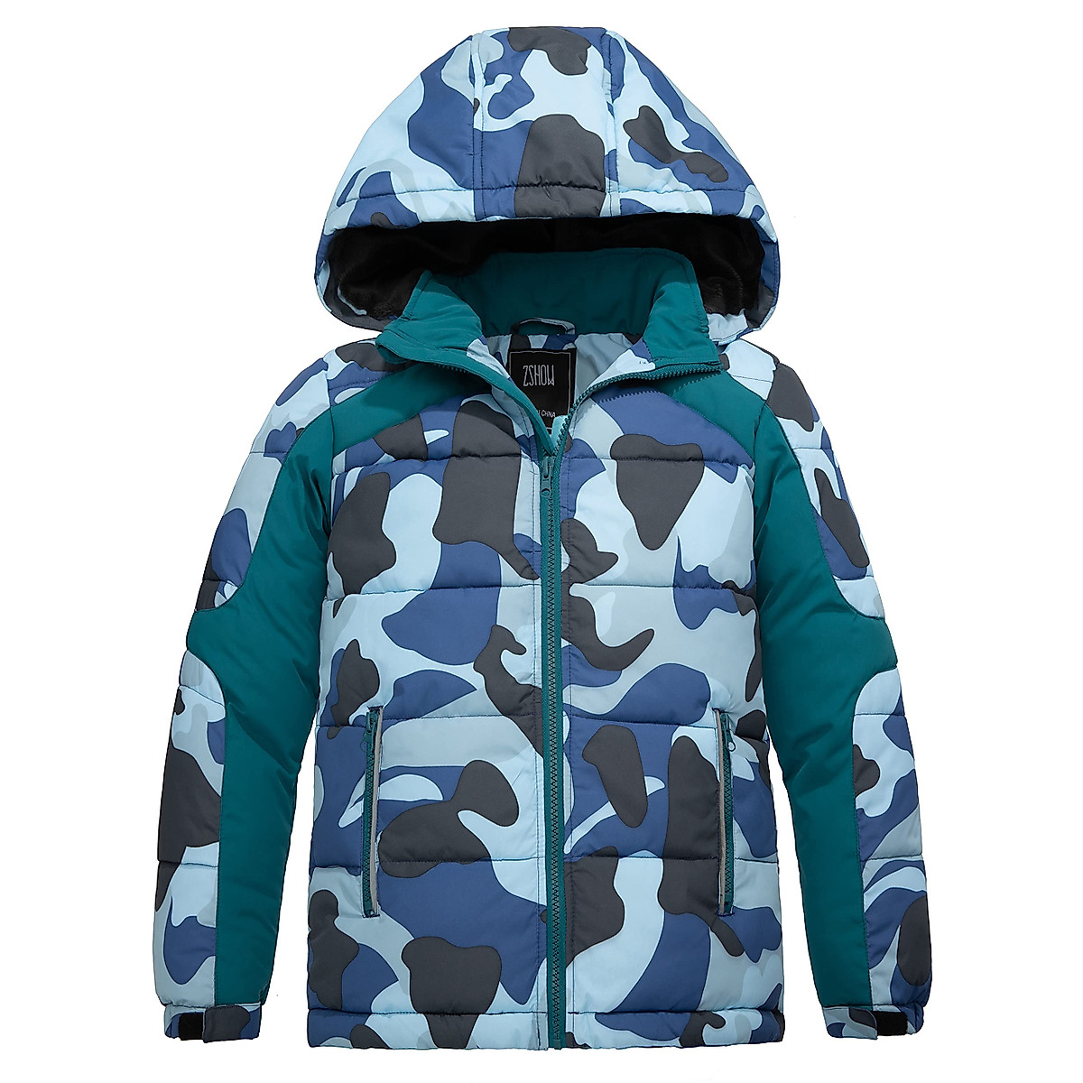 ZSHOW Boys' Light Puffer Jacket Hooded Fleece Lined Outerwear Coat(Blue Camouflage,14-16)