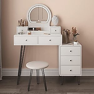 Fameill Makeup Vanity Desk with Lighted Mirror,White Vanity Table Set with Round Mirror,3 Color Touch Screen Dimming Mirror,7 Drawers Bedroom Dressing Table with Soft Cushioned Stool