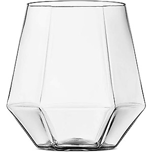 Munfix 32 Pack Diamond Shaped Plastic Stemless Wine Glasses Disposable 12 Oz Clear Plastic Wine Whiskey Cups Shatterproof Recyclable and BPA-Free