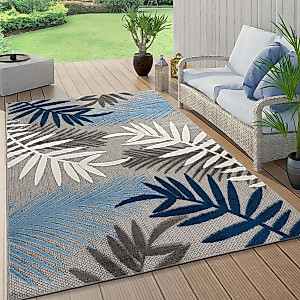 Rugshop Evora Palm Frond Non-Shedding Patio Deck Backyard Indoor/Outdoor Area Rug 5' x 7' Blue
