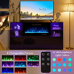 AMERLIFE 3 Piece Modern High Gloss Fireplace TV Stand + Bookcase Set for Living Room Includes 68" TV Stand with 40" Fireplace, 2 X Bookcase Storage Cabinet with Doors & 20 Colors LED Lights, Black