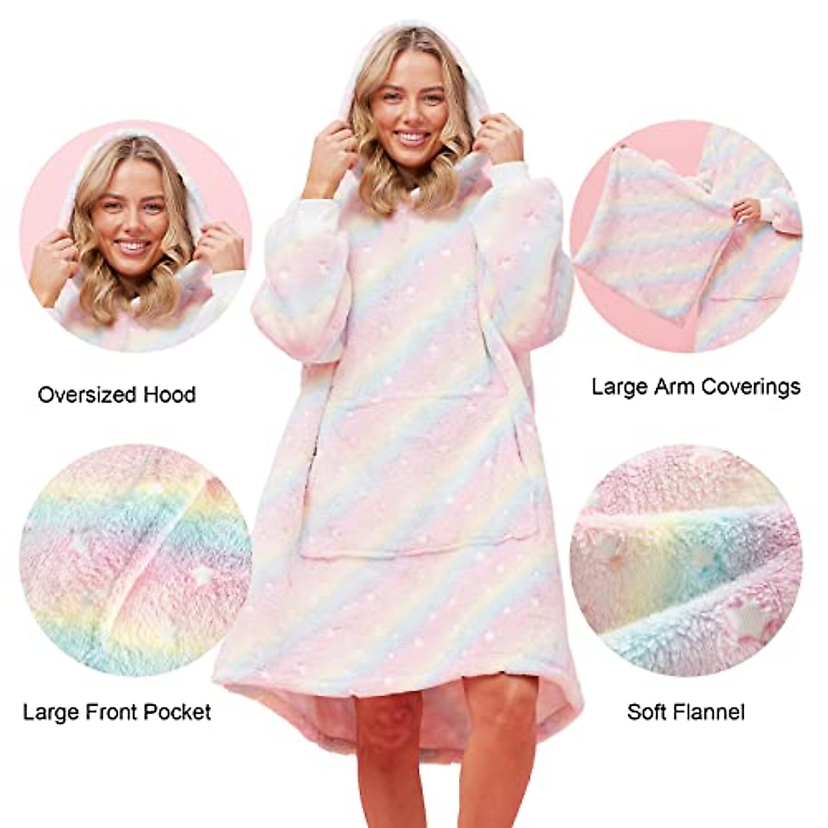 ANDSTAR Wearable Blanket Hoodie, Oversized Hooded for Women and Men, Comfy Sweatshirt with Giant Pocket （rainbow）
