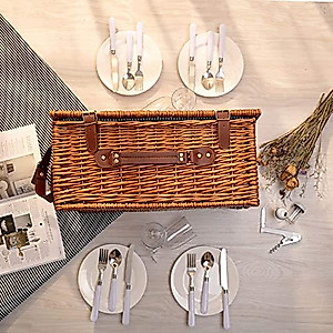 Picnic Baskets for 4 Persons Retro Classic Willow Hamper Set with Waterproof Blanket for Camping &Outdoor Party (Retro Style)