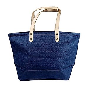 Jute Tote Bag With Leather Handles - Burlap Tote Bags With Zipper, Burlap Purse, Shopping tote Bag for women, Handbag (Navy Blue)