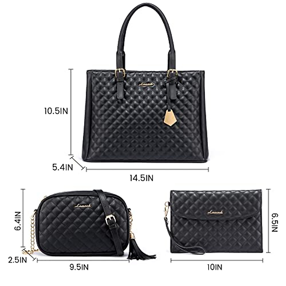 LOVEVOOK Purses for Women, Quilted Womens Handbags and Purses Set with Vegan Leather, Fashion Tote Purse with Top Handle, Satchel Shoulder Bag with Top Zipper, 3pcs, Black