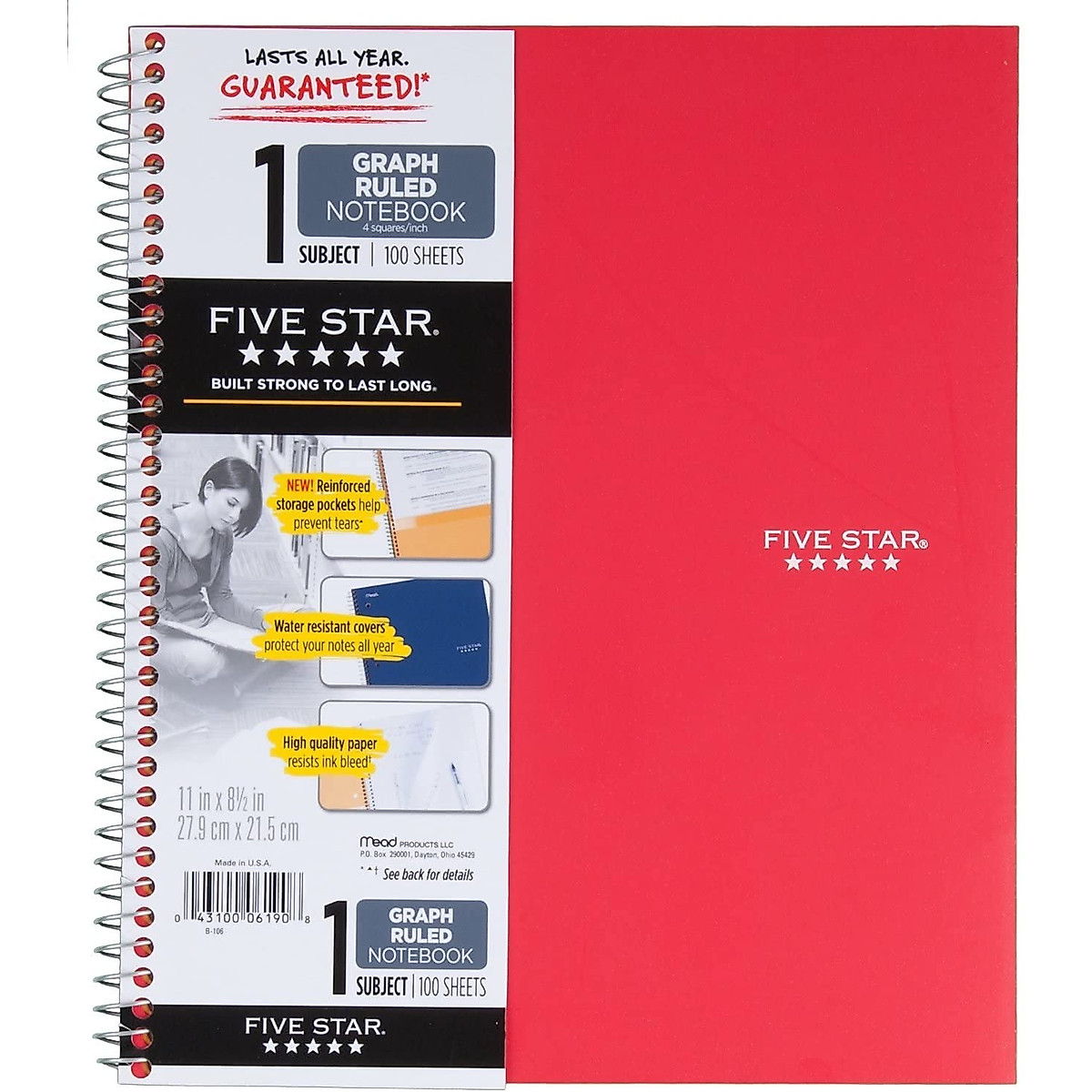 Five Star Spiral Notebook, Graph Ruled, 1 Subject, 8.5 x 11 Inches, 100 Sheets, Assorted Colors (06190), Pack Of 6