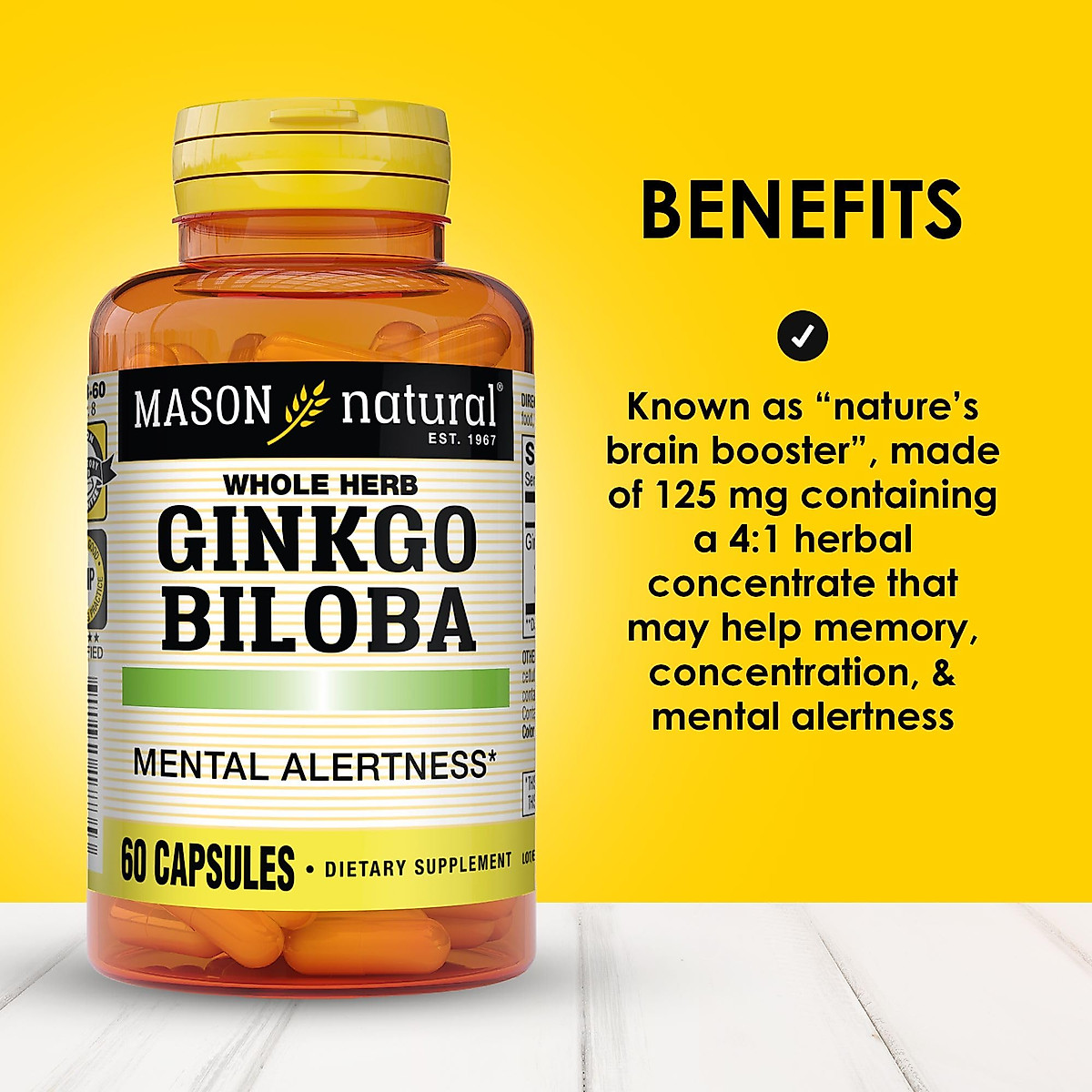 MASON NATURAL Ginkgo Biloba, 3 Month Supply, Helps to Improve Mental Alertness & Support Optimal Brain Function, 60 Capsules (3 Pack)