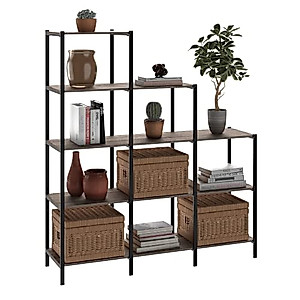 ClosetMaid Ladder Step Bookcase, 5 Tier, 7 Shelves, Display Shelf for Living Room or Office, Industrial Black Metal and Wood, Weathered Gray