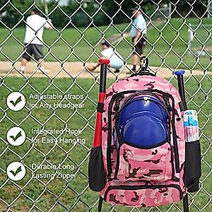 ZOEA Baseball Bat Bag Backpack, T-Ball & Softball Equipment & Gear for Youth and Adults, Large Capacity Holds 4 Bats, Helmet, Gloves, Cleats,Shoes Compartment & Helmet Holder (Camouflage Red)